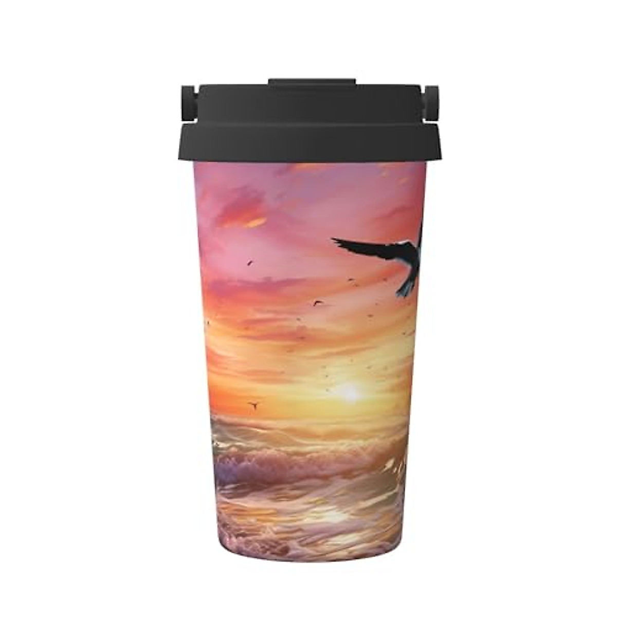 GTKSYNVE Reusable Coffee Mug with Lid and Handle, Sea gull Flying Over Colorful Sky Tumbler for Hot & Cold Drinks 16oz Stainless Steel Insulated Coffee Tumblers Double Wall Vacuum Thermal Cup