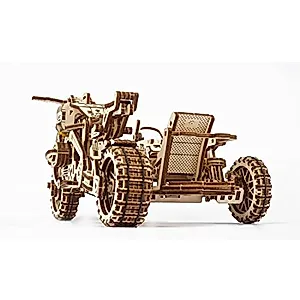 UGEARS Motorcycle with Sidecar 3D Puzzles - UGR-10 Motorcycle Scrambler Perfect Father's Day Gift Idea Wooden Model Kits for Adults to Build - Retro Design Sidecar Motorbike Model Kit with Rubber Band Motor
