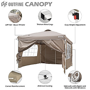 OUTFINE Patio Canopy 10'x10' Pop Up Commercial Instant Gazebo Tent, Outdoor Party Canopies with 4 Removable Sidewalls, Stakes x8, Ropes x4 (Khaki, 10 * 10FT)
