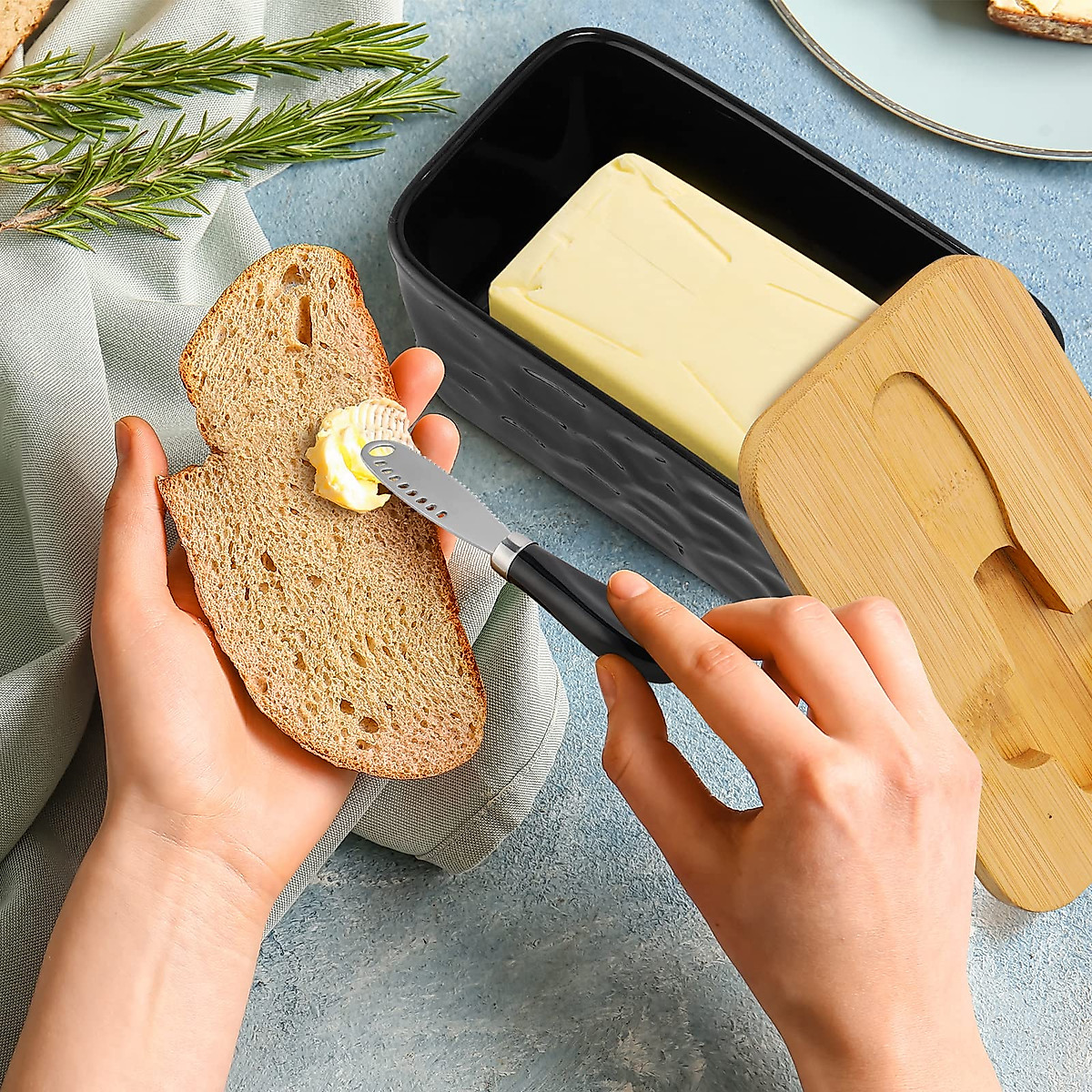 Ceramic Butter Dish with Lid and Knife, Porcelain Butter Container for Countertop, Butter Holder Keeper Double Silicone Seals, Perfect for West or East Coast Butter (Black)