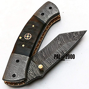 PAL 2000 KNIVES REG-8851 Custom Handmade Damascus Steel Folding Ram Handle Knife With Sheath
