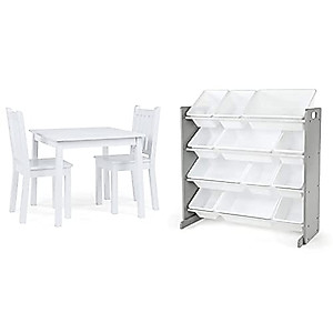 Humble Crew, White Kids Wood Square Table and 2 Chairs Set & Humble Crew, Grey/White Kids Toy Organizer with 12 Storage Bins, Toddler