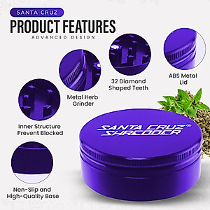 Santa Cruz Shredder Metal Herb Grinder Knurled Top for Stronger Grip 2-Piece 2.2" (Purple)