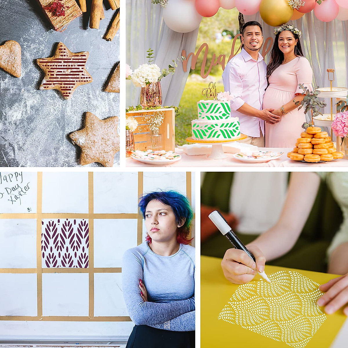 4 Pcs Cake Stencils Floral Cake Decorating Stencils Plastic Spray Floral Cookie Templates Reusable Fondant Dessert Decorating Templates DIY Baking Decor Mold