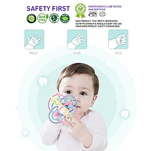Sensory Teether and Rattle. Grab, Chew, and Shake. Plastic Center for Easy Cleaning and No Exposed Screws. Infant Safe for Plus 0 Months