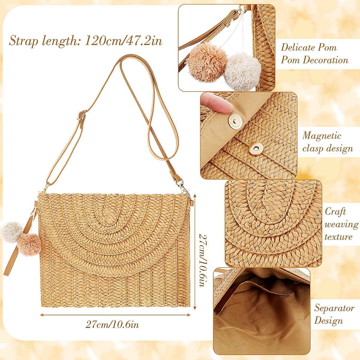 Jiuguva Shoulder Bag Crossbody Bag Women's Sun Straw Hat Retro Round Sunglasses Long Leaf Pendant Dangle Necklace 4 Pairs Bohemian Acrylic Rattan Metal Earrings Jewelry Set(Rustic Style)