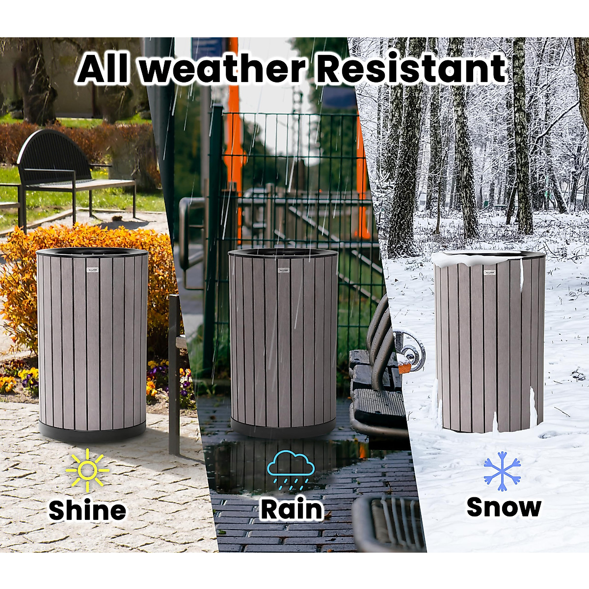 Alpine 32 Gallon Commercial Outdoor Trash Can - Heavy Duty Garbage Can Outdoor, Industrial Open Top Trash Can with Plastic Panels for Patio, Parks, Trails, Resorts (Flat Lid - Grey)