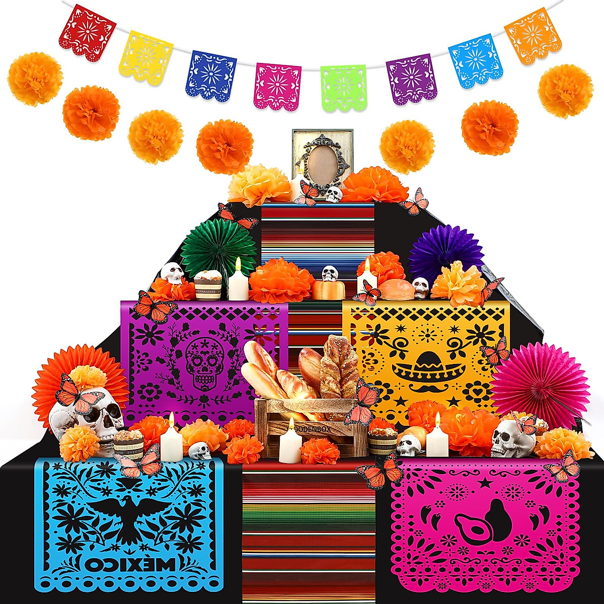 Newwiee 82 Pcs Day of the Dead Altar Decoration Kit Dia De Muertos Disposable Tablecloth Flameless LED Candle Paper Marigold Flower Fan Butterfly Mexican Papel Picado Banner Supplies (Colorful)