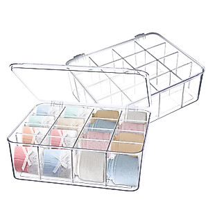 Hiitytin 2Pcs Socks Bra Underwear Drawer Organizer for Closet, Plastic Storage Box with 16 Removable Compartments and Lid, Clear Dresser Drawer Organizer Storage Container with Dividers for Ties Belts
