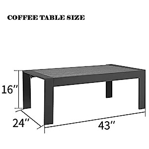 Odoor Direct Patio Furniture Aluminum Coffee Table, All-Weather Metal Rectangle Patio Table with Imitation Wood Tabletop, Dark Grey