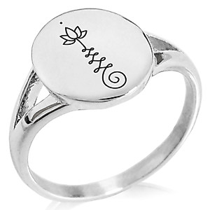 Tioneer Stainless Steel Sacred Lotus Unalome Symbol Minimalist Oval Top Polished Statement Ring, Size 7
