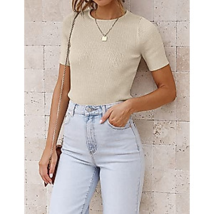 ZESICA Women's Short Sleeve Crewneck Ribbed Knit Slim Fit T Shirt 2023 Summer Casual Solid Color Tee Tops,Almond,Small