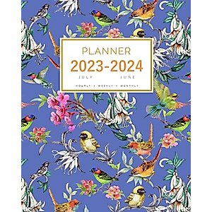Planner July 2023-2024 June: 8x10 Large Notebook Organizer with Hourly Time Slots | Summer Flower Exotic Bird Design Blue