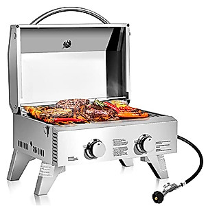 ORALNER Portable Gas Grill 20,000 BTU Stainless Steel Grill Tabletop Propane BBQ Griddle w/Foldable Legs, Gas Hose, 266 Sq.in Cooking Area, 2 Burner Gas Grill for Outdoor Camping, Tailgating, Picnic