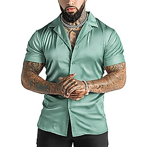 URRU Men's Luxury Shiny Silk Like Satin Dress Shirt Cuban Collar Short Sleeve Casual Slim Fit Muscle Button Up Shirts Light Green L