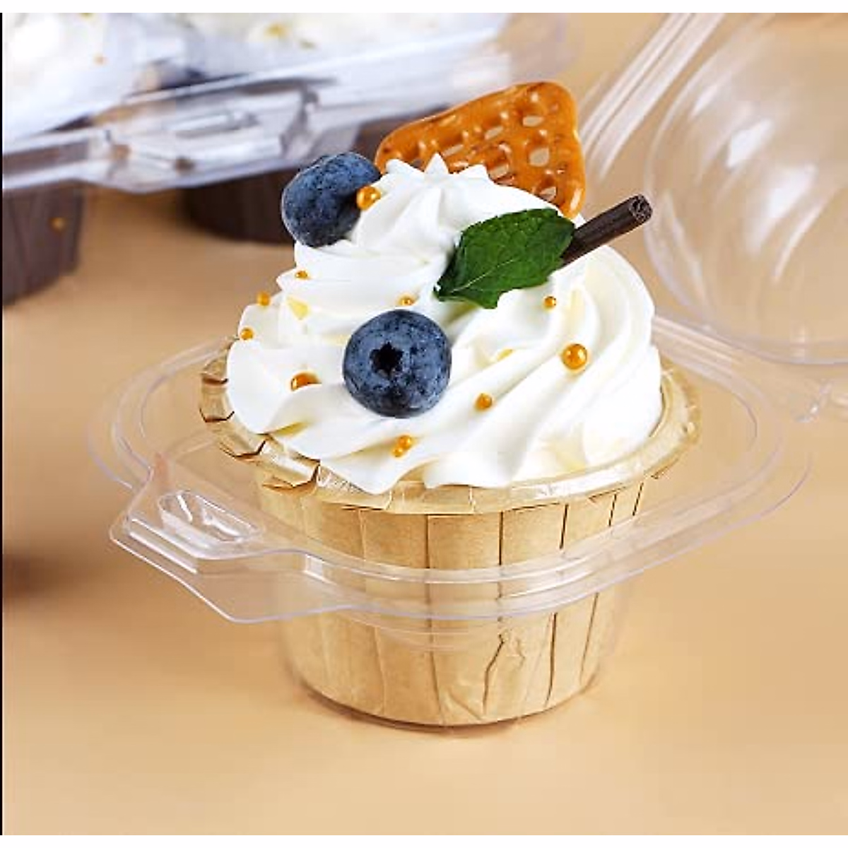 LOKQING 50 Pcs Cupcake Boxes Plastic Individual Cupcake Containers Single Cupcake Carrier with Connected Airtight Dome Lid for Party