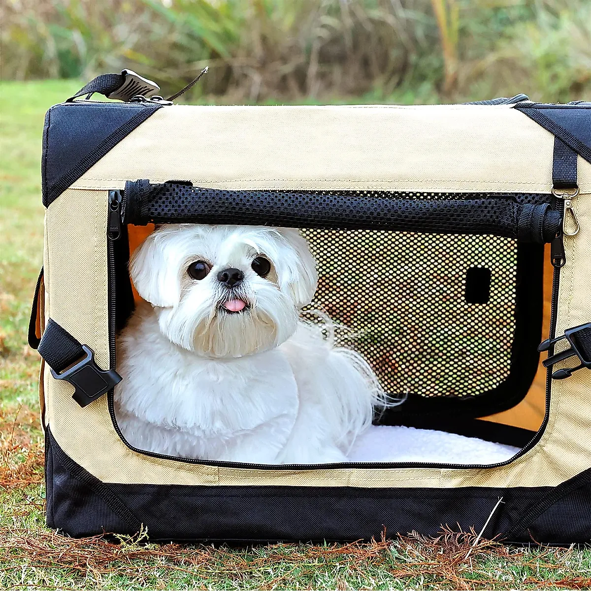 Pettycare 30 Inch Collapsible Dog Crate for Medium Dogs, 4-Door Foldable Soft Dog Kennel with Chew Proof Mesh Windows, Indoor & Outdoor Travel Dog Crate, Soft Side Dog Crate,Beige