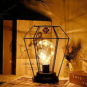 JHY DESIGN Diamond Metal Cage Table Lamp Battery Powered Hanging Lanterns, Cordless Lamp with LED Edsion Style Bulb for Weddings,Parties,Patio,Events for Indoors/Outdoors (Hanging Hook Included)
