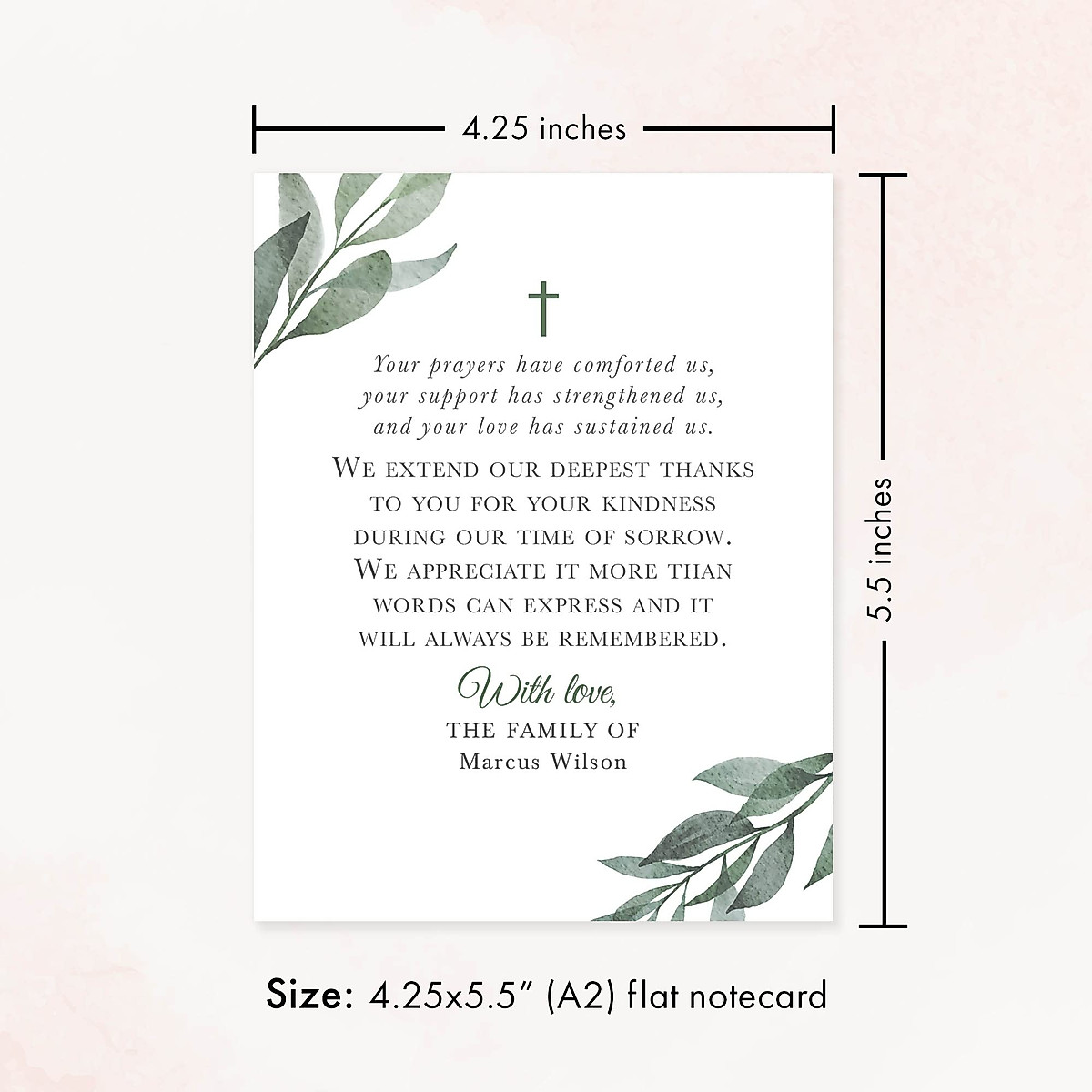 Hello Love Goods Greenery Funeral Thank You Cards with Cross, Personalized Sympathy Acknowledgement Cards with Envelopes, 4.25x5.5 Flat Notecards