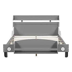 CITYLIGHT Full Size Car Beds for Boys, Full Bed Frame with with Storage Shelf, Wooden Kids Car Full Bed for Boys with Wheels for Child's Bedroom,Grey