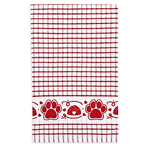 Cackleberry Home Paw Prints Terrycloth Kitchen Towels Windowpane Check Fabric, Set of 4 (Red)