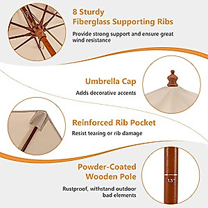 TANGKULA 9.5 FT Pulley Lift Round Patio Umbrella, Wooden Market Umbrella W/Rope Pulley Mechanism, 8 Fiberglass Ribs, Portable Table Parasol, Outdoor Sun Umbrella for Garden, Yard, Deck, Pool (Beige)