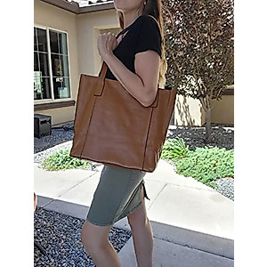 S-ZONE Genuine Leather Tote Bag for Women Soft Shoulder Handbag Ladies Purse with Canvas Pouch