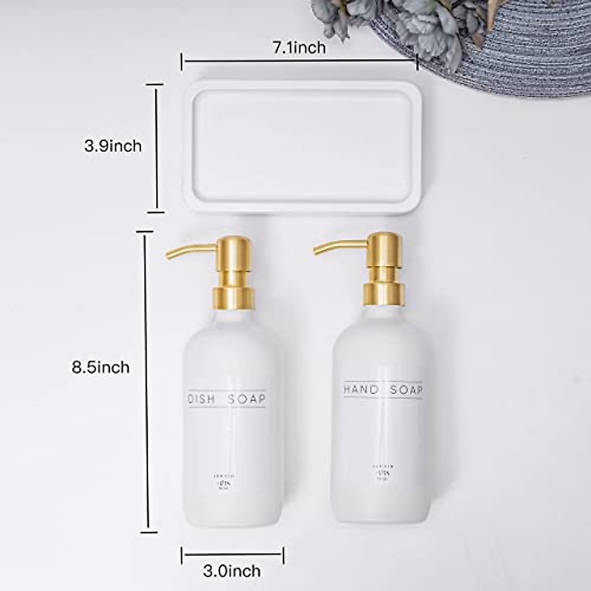 Janxin Glass Soap Dispenser for Kitchen with Stainless Steel Pump and Wood Tray, Modern Bathroom Soap Dispenser with Waterproof Labels for Hand Soap, Dish Soap, Lotion(White Bottles+Gold Pumps)