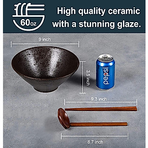 VERSAINSECT amic Japanese Ramen Bowl Set, Soup Bowls - 60 Ounce, with Matching Spoons and Chopsticks for Udon Soba Pho Asian Noodles, Set of 2, Black