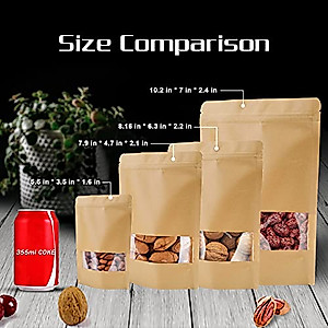 KLATIE 50pcs Kraft Stand Up Pouches, 3.5"×5.5" Zip Lock Food Storage Bags with Window, Reusable, Heat-Sealable Bags for Cookies Coffee Tea