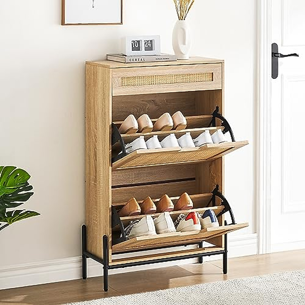 GAOMON Natural Rattan 2 Flip Door with 1 Drawer Shoe Rack Storage Cabinet, Shoe Cabinet Organizer Freestanding with 3-Tier Adjustable Shelves for Entryway, Entrance Hallway (2 Flip Doors, Oak Color)