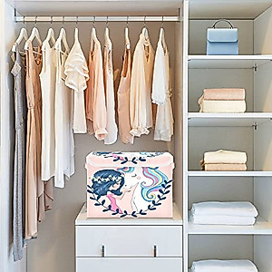 Kigai Unicorn & Girl Pink Storage Baskets for Shelves Foldable Closet Basket Storage Bins with Lid for Clothes Home Office Toys Organizers