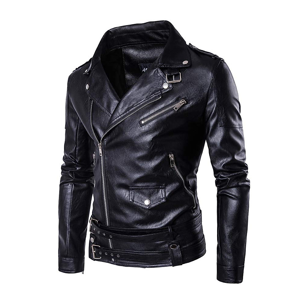 PASOK Men's PU Leather Jacket Causal Belted Faux Leather Motorcycle Jacket Zipper Biker Coat Black XL