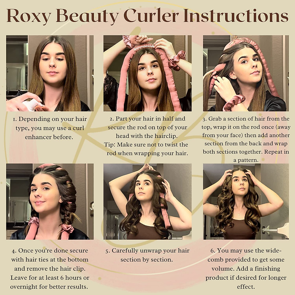 Heatless Curler by Roxy Beauty, Soft Cotton Filled, Satin No Heat Curling Rod Headband, 6 Piece Set, For Long or Short Hair, TikTok Curls, Rose Gold Color