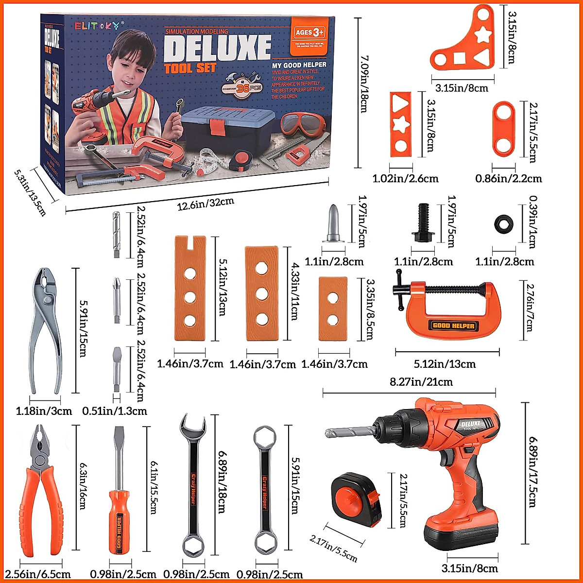 Elitoky Kids Tool Set - 35 PCS Toddler Tool Set with Tool Box & Electronic Toy Drill, Pretend Play Kids Construction Toy, Toddler Boy Toys, Toy Tools for Kids Ages 3,4,5,6,7,8 Years Old