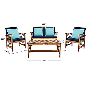 SAFAVIEH Outdoor Collection Fontana Natural/ Navy Cushions/ Blue Pillows 4-Piece Conversation Patio Set