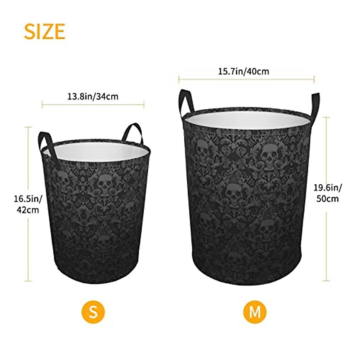 Waterproof Black Goth Gothic Skull Damask Pattern Circular Hamper Round Laundry Baskets Foldable Laundry Bags For Family/Kids/Bathroom/Bedroom/Dorm Medium