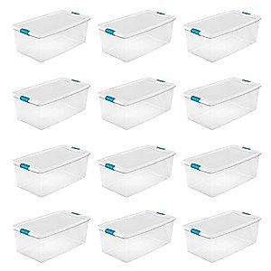 Sterilite 106 Quart Clear Plastic Stackable Storage Container Bin Box Tote with White Latching Lid Organizing Solution for Home & Classroom, 12 Pack