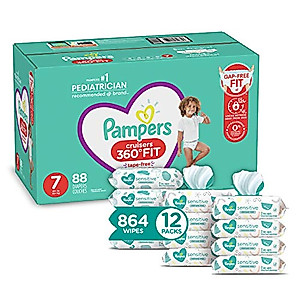 Diapers Size 7, 88 Count and Baby Wipes - Pampers Pull On Cruisers 360° Fit Baby Diapers with Stretchy Waistband, ONE Month Supply with Sensitive Wipes, 12X Pop-Tops, 864 Count (Packaging May Vary)