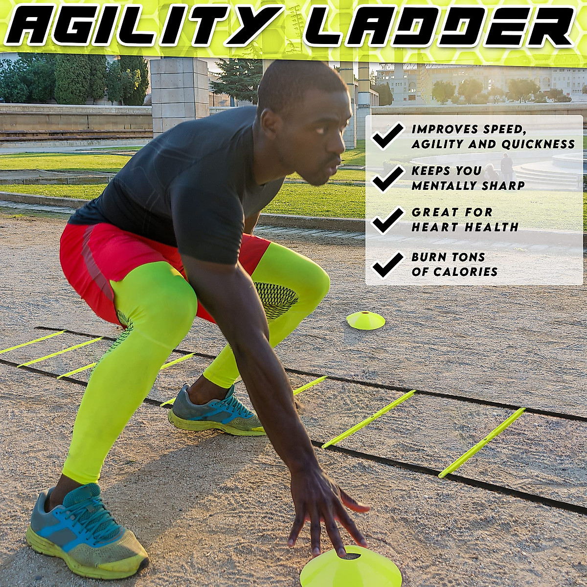 Agility Ladder Speed Training Equipment Includes 5 Adjustable Speed Hurdles Agility Speed Ladder, Jump Rope, Cones, Soccer Training Equipment for Kids - Football Training Equipment or Training Ladder