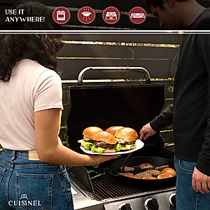Cuisinel Cast Iron Skillet + Chainmail Scrubber Cleaner - 17"-Inch Dual Handle Braiser Frying Pan + Silicone Handle Covers - Pre-Seasoned Oven, Grill, BBQ, Stovetop, Fire Cookware - Indoor/Outdoor Use