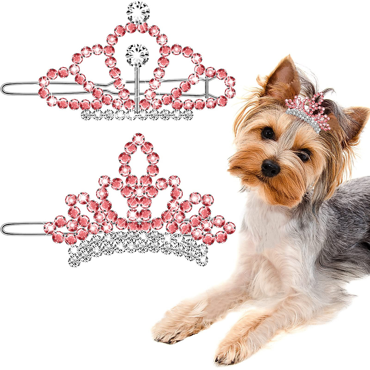 MTLEE Crystal Rhinestone Hair Accessories - 2 Tiara Clips for Dogs, Girls and Pet Grooming Costumes (Pink)