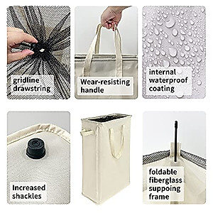 24Inch Slim Large Laundry Basket Collapsible Fabric Laundry Hamper Out Carrying Laundry Bag Tall Thin Dirty Laundry Hamper Basket Home Corner Bin（Beige）