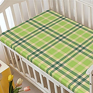 Plaid Themed Fitted Mini Crib Sheets,Portable Mini Crib Sheets Toddler Bed Mattress Sheets-Great for Boy or Girl Room or Nursery,24“ x38“,Beige Green Hunter Green