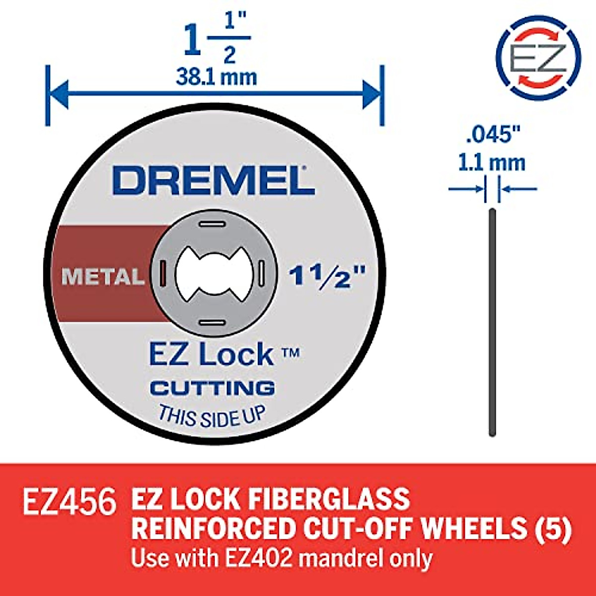 Dremel EZ456, 1 1/2-Inch (38.1 mm) Wheel Diameter, EZ - Lock™ Fiberglass Reinforced Cut-off Wheels, Rotary Tool Cutting Disc for metal cutting, 5 pieces, Medium , Red