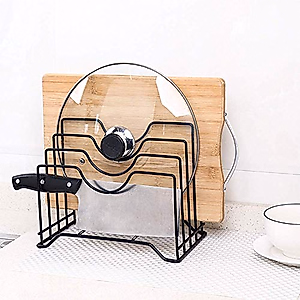 Stainless Iron Cutting Board Holder, Cutting Board Storage Organizer , Pot Lid Rack Organizer Kitchen Cabinet Rack Storage with 4 Sectional (Black)