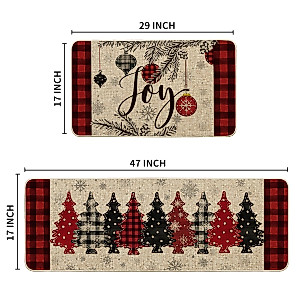 Artoid Mode Red Xmas Trees Ball Joy Snowflakes Christmas Kitchen Mats Set of 2, Winter Decor Low-Profile Kitchen Rugs for Floor - 17x29 and 17x47 Inch
