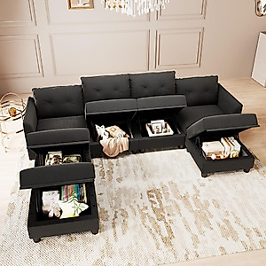 LLappuil Modular Sectional Sofa with Storage U Shaped Couch with Reversible Chaise Luxury Velvet Sofas for Living Room 4 Seats with 3 Ottomans Denim Black Grey