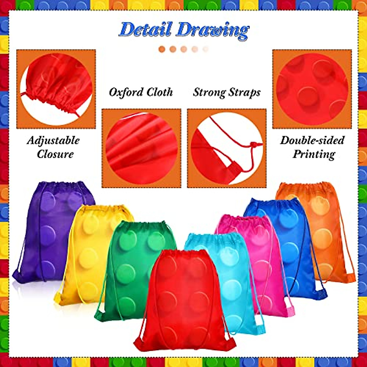 Yerliker 24 Pack Building Block Party Bags Building Blocks Drawstring Gift Bags Building Block Treat Bag Goodie Bags Brick Party Bags Blocks Goody Bags for Kids Birthday Party Supplies Decorations