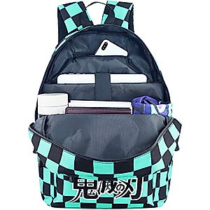 Roffatide Anime Demon Slayer Backpack Black Green Plaid School Bag Large Capacity Laptop Back Pack